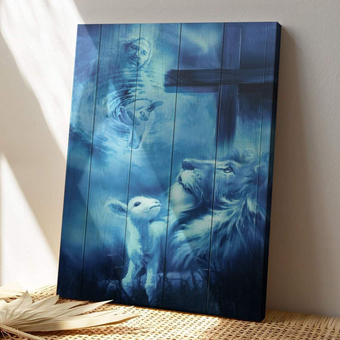 Christian Jesus Beautiful Lion And Lamb Cross Bible Verse Canvas Print ...