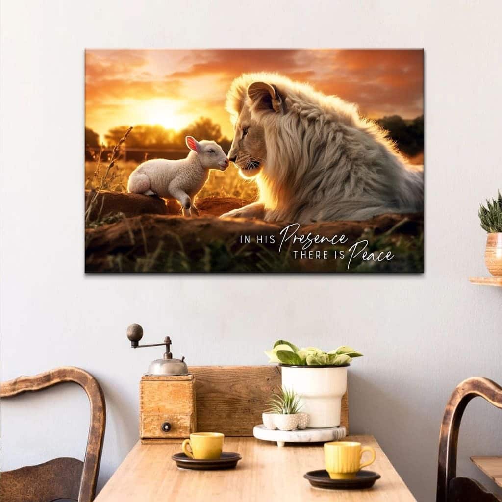 In His Presence There Is Peace Lion And Lamb Printed Poster - PODRoyal